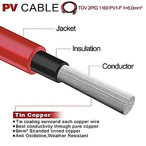 Solar Panel Extension Cable,10AWG(6mm²) Solar Extension Cable Wire with 1 Pair 15 Feet Black + 15 Feet Red Weatherproof Tinned Copper Extension Cable Wire Adapter Kit
