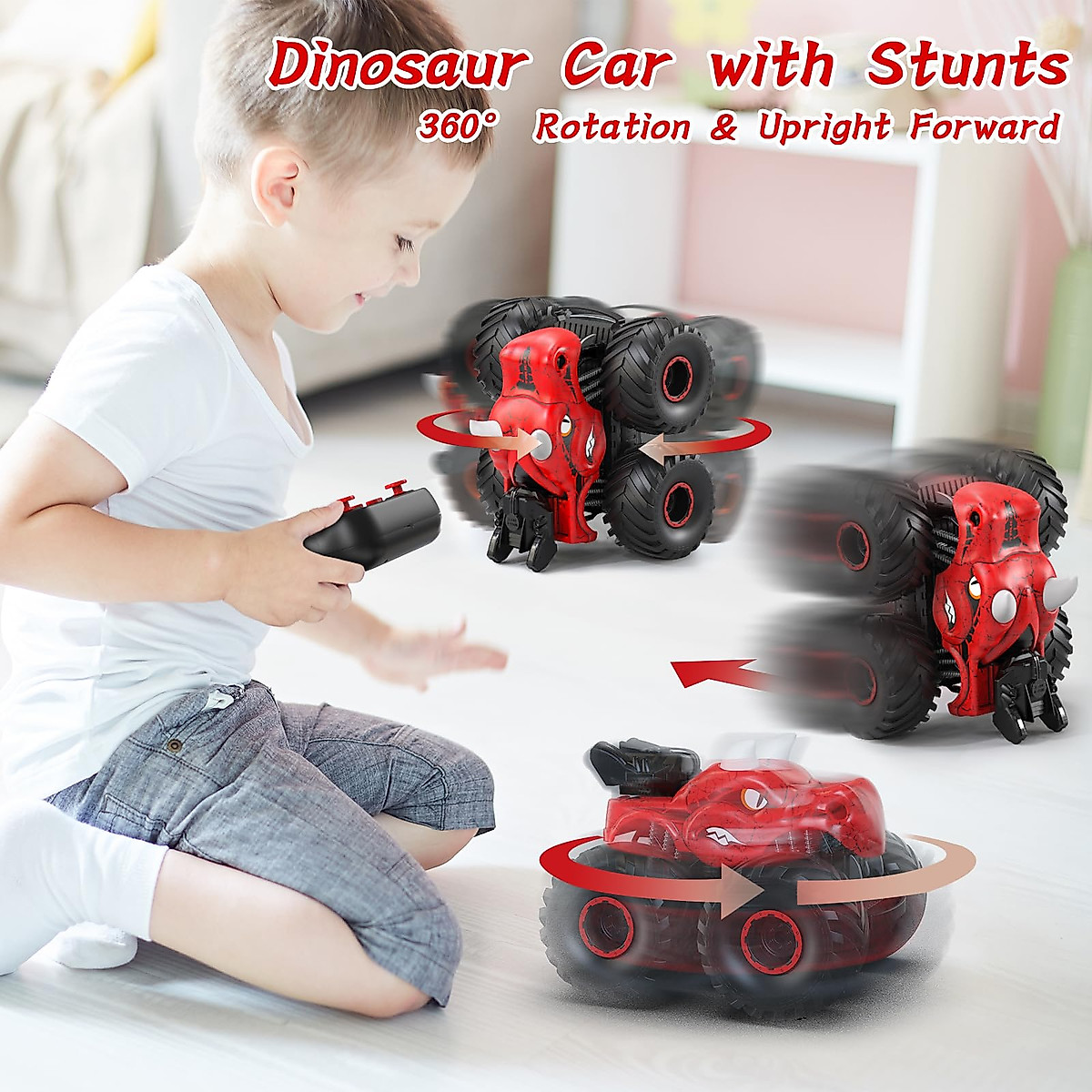 Kidcia Remote Control Dinosaur Car, 2.4GHz RC Monster Trucks for Boys with Spray, Light & Sound, All Terrain RC Cars with 2 Batteries, Dinosaur Toys for Kids 3 4 5 6 7 8, Christmas Birthday Gift
