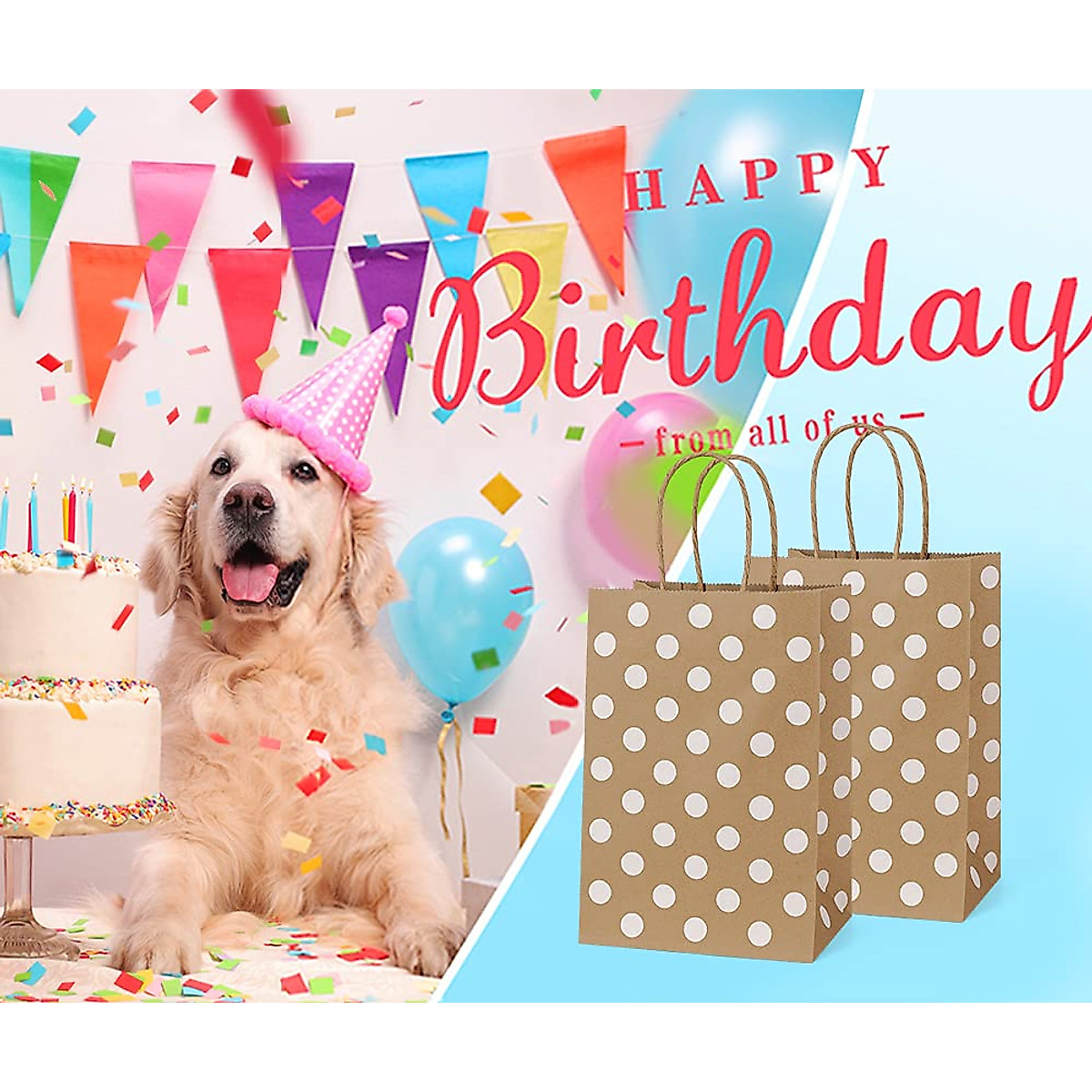 BagDream Small Paper Gift Bags 25Pcs 5.25x3.75x8 Inches Kraft Paper Bags with Handles, Paper Shopping Bags Party Bags Recyclable Kraft Bags Brown Dot Party Bags