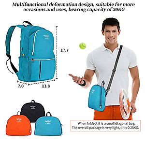 ALVARZA Hiking Backpack, 36L Water-resistant Lightweight Packable Daypack, Multi Function Folding Sling Bag for Travel Camping Outdoor Cycling, Bule