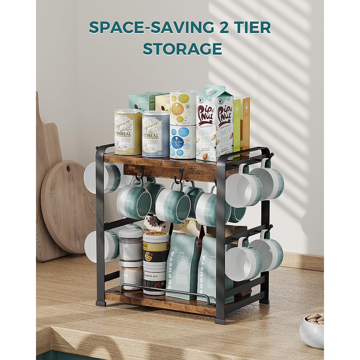 OROPY Coffee Bar Organizer with 14 Mug Hooks, Wood Coffee Mug Holder Stand for Countertop, 2 Tier Coffee Station Organizer for Coffee Cups, Mugs, Syrups, Accessories