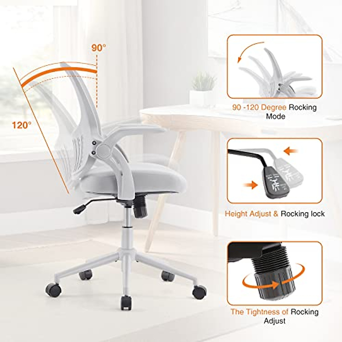 Ergonomic Home Office Desk Chair Mesh Computer Chair Adjustable Height Chair Task Chair Swivel Chair Rolling Chair with Lumbar Support/Flip-up Arms for Office, Study, Bedroom