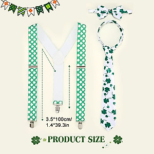 Eyret Green Shamrock Suspender Set St Patricks Day Adjustable Suspenders and Bowtie Irish Clover Necktie Suspenders for Men and Women