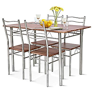 Giantex Modern 5 Piece Dining Table Set with 4 Chairs Metal Frame Wood Like Kitchen Furniture Rectangular Table & Chair Sets for Dining Room (Shallow Walnut)