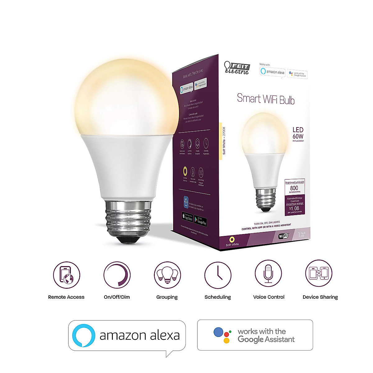 Feit Electric OM60/927CA/AG 60W Equivalent WiFi Dimmable, No Hub Required, Alexa Google Assistant A19 Smart LED Light Bulb, 4.4" H x 2.3" D, 2700K Soft White