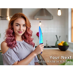 WELLSTAR Rainbow Knife Set 16 Pieces with 8 Knives and 8 Blade Guards, Iridescent German Stainless Steel Kitchen Knives with Durable Sheath Cover, Colorful Titanium Coated Chef’s Cooking Knife Set