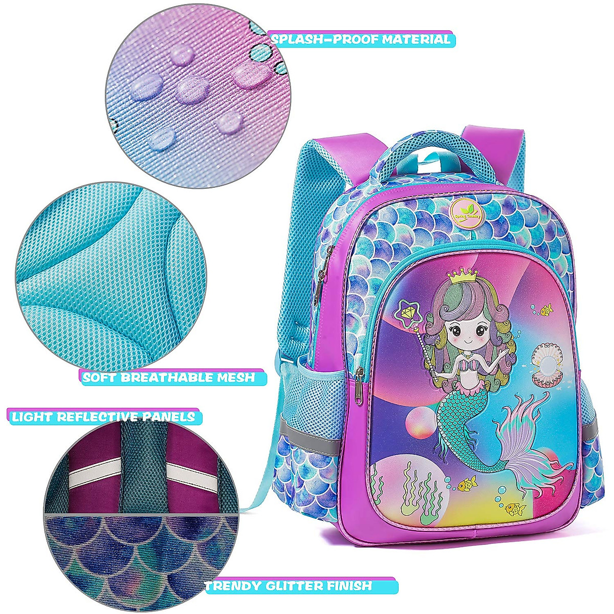 Spring Country Girls Backpack for School, Children Casual Daypack Book Bag Rucksack (Mermaid Glitter)