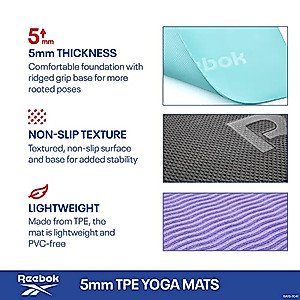 Reebok Yoga Mat - Lightweight, Compact, Rollable, and Cushioned Supportive Workout Mat for Yoga, Pilates, and General Exercise - Non Slip TPE Yoga Mat with Non Slip Texture - 5mm, Black