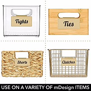 mDesign Steel Clip-On Basket and Bin Tags for Closet Storage, Metal Hanging Holders for Cabinet, in-Drawer, Shelf, and Racks - Set of 8 + Adhesive Labels - Soft Brass