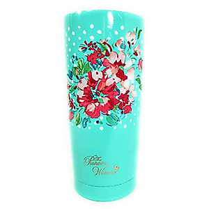 The Pioneer Woman Garden Stainless Steel Double Wall Vacuum Insulated Maverick Tumbler with Sliding Lid, 20 oz, Turquiose with Floral and Dots Design