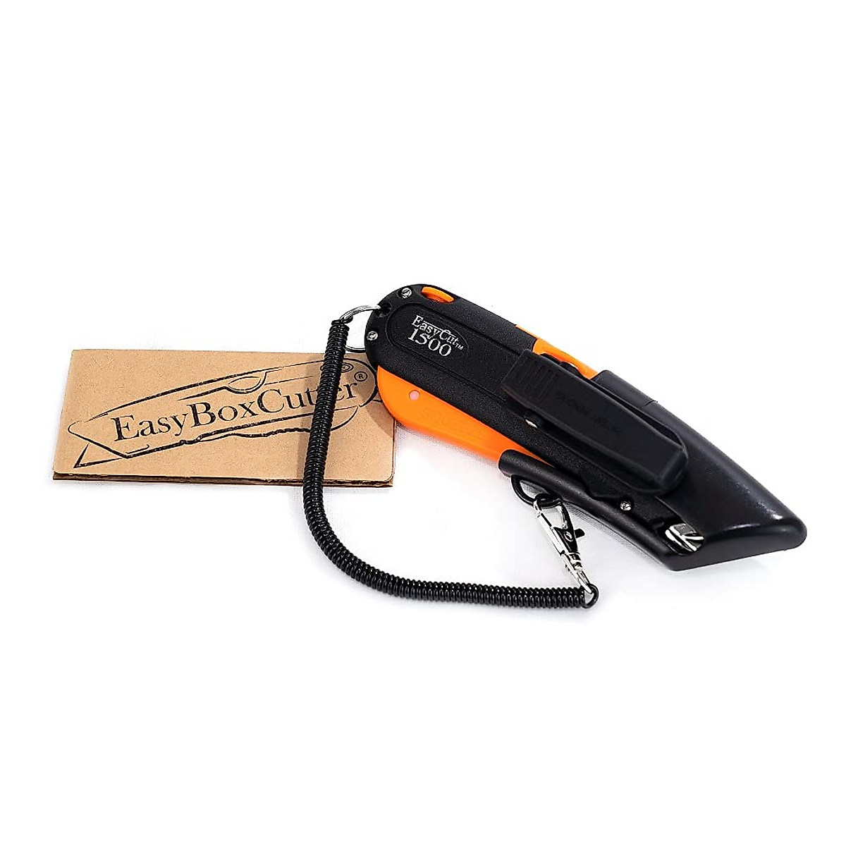 Modern Box Cutter, Squeeze Trigger and Edge Guides, Holster, Lanyard, Extra Blade - 1500 Orange