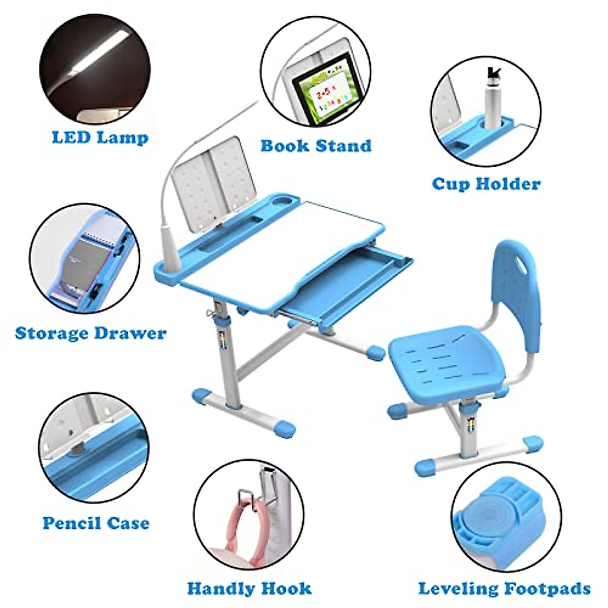 BELANITAS Kids Desk and Chair Set 5-8 Year Old, Height Adjustable Study Desk for Kids, Children’s Desk and Chair Set Desk w/Chair, Boys Desk for Students Desk w/Tiltable Desktop, Blue