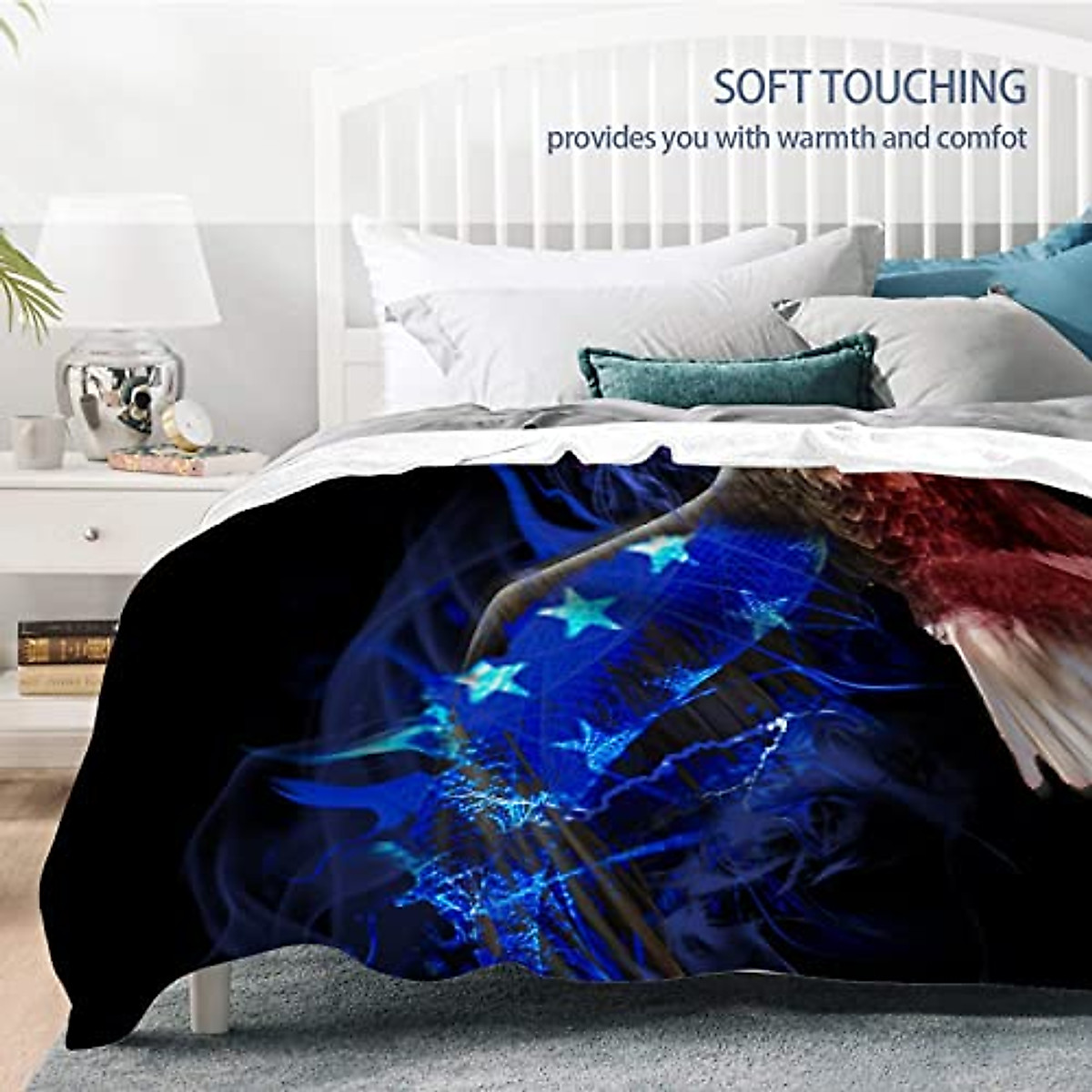 Ameican Flag Eagle Blanket, Bald Eagle Patriotic Throw Blanket, Super Soft Plush Warm Lightweight Flannel Animal Bird Throw, Great Gift for Veteran, Friend, Men, Women, Dad 80"x60" for Adult