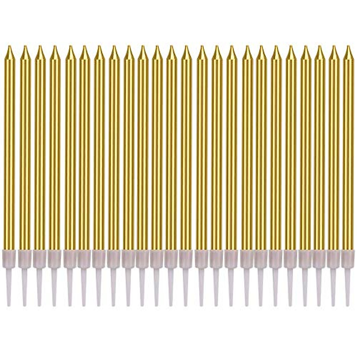LUTER Metallic Birthday Candles in Holders Tall Birthday Cake Candles Long Thin Cupcake Candles for Birthday Wedding Party Decoration(24 Pieces) (Gold)