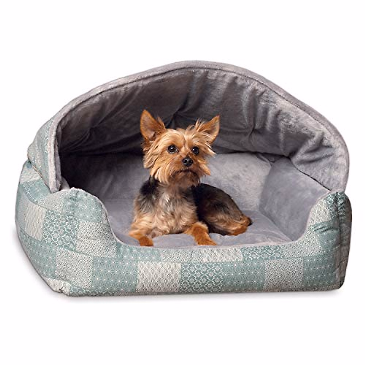K&H Pet Products Hooded Lounge Sleeper Pet Bed Teal Patchwork Print 20 X 25 Inches