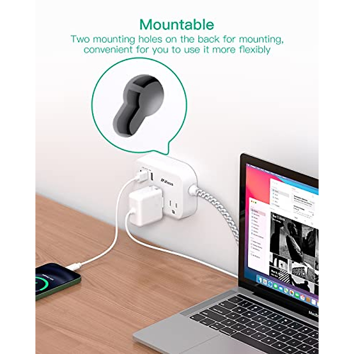 Cruise Essentials - Flat Plug Power Strip with 3 Outlets 3 USB Ports(1 USB C Poiwer Delivery 20W), 5ft Braided Extension Cord, Compact for Cruise Ship, Travel, Home and Dorm