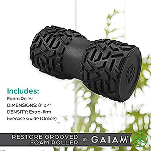 Gaiam Restore Grooved Foam Roller - Cradles The Spine, Calf, or Arms for Deep Muscle Release - Lightly Textured with Padding for Gentle Massage - 8"L x 4"D - Includes Massage Guide