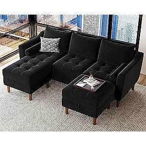 Belffin Black Velvet Fabric U Shaped Sectional Couch with Chaise Small Reversible Sectional Sofa Couch 4-Seater Sectional Sofa Sleeper with Storage Ottoman Foot Rest for Apartment