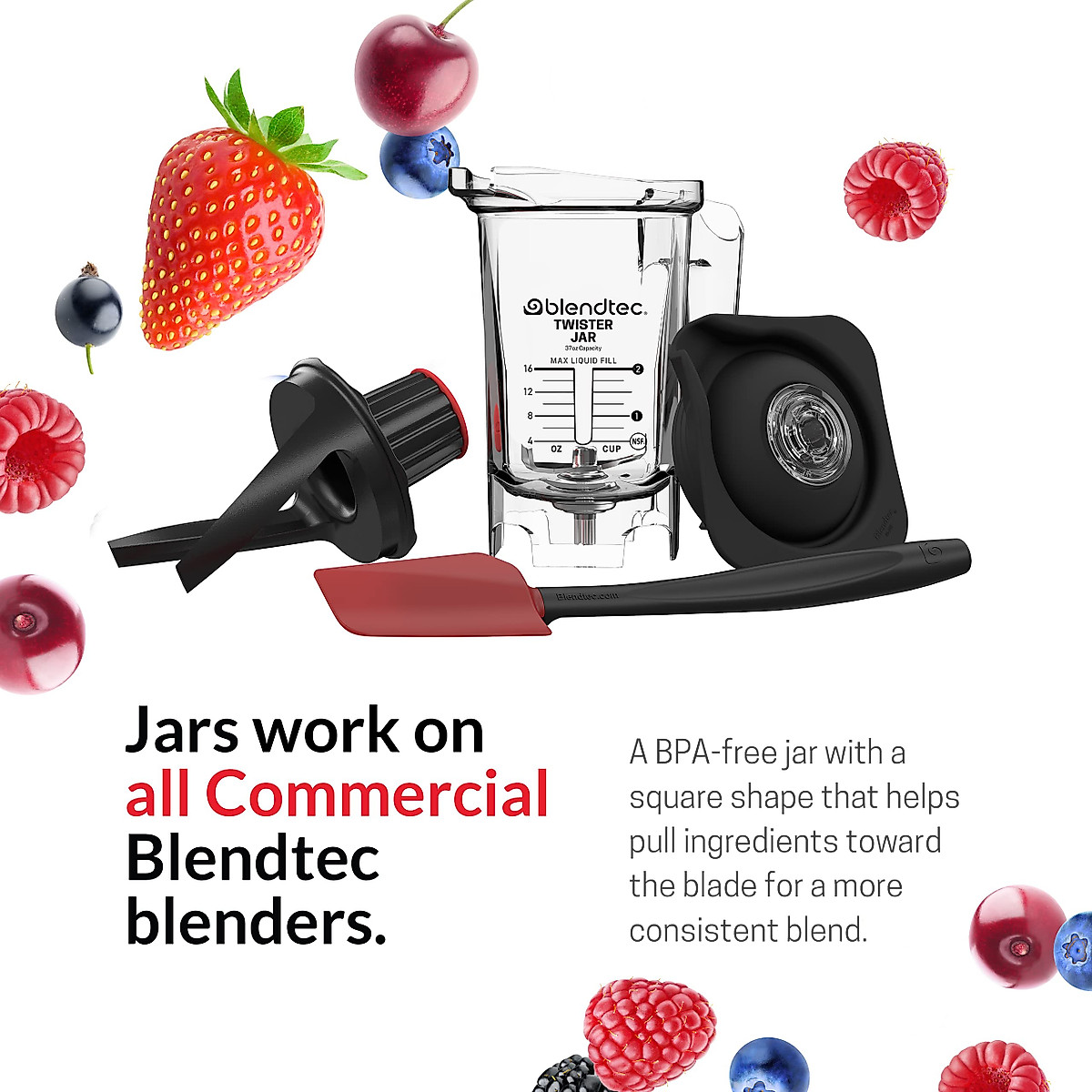 Blendtec 37 oz Twister Jar Commercial Grade, Spectacula Spatula and Mini Gripper Lid - Replacement Blender Jar Set for Shakes, Smoothies, and Thick Blends - 16 oz Blending Capacity