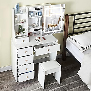 JBLCC Large Vanity Desk with Mirror and Lights, Vanity Table Makeup Vanity with Slidable Mirror 5 Drawers and Storage Shelves,Dressing Table Set 3 Lighting Color Adjustable (05LED)