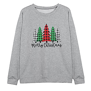 Merry and Bright Shirt Women Funny Leopard Printed Plaid Christmas Trees Long Sleeve Sweatshirts Xmas Graphic Tees