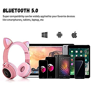 Wireless Bluetooth Kids Headphones, Damikan Cat Ear Bluetooth Over Ear Headphones, LED Lights, FM Radio, TF Card, Aux, Mic for iPhone/iPad/Kindle/Laptop/PC/TV (Blue)