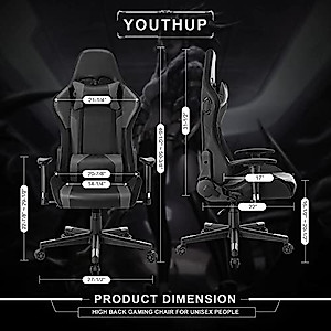 Gaming Chair with Speakers Video Game Chair with RGB LED Lights Ergonomic Racing Office Chair PU Leather Recliner Computer Chair Swivel E-Sports Chair with Lumbar Support Headrest Armrest, Black