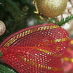 MEEDEE 10 Inch Mesh Ribbon Red and Gold Christmas Deco Mesh Metallic Red Mesh Ribbon with Metallic Gold Stripes 10 Yards Christmas Mesh for Wreaths Christmas Mesh Ribbon for Christmas Tree