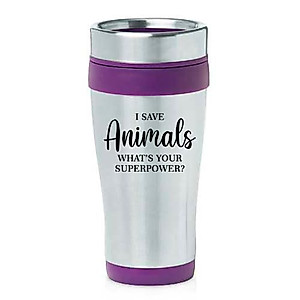 16oz Insulated Stainless Steel Travel Mug Coffee Mug Tumbler I Save Animals Superpower Funny Vet Tech Veterinarian (Purple)