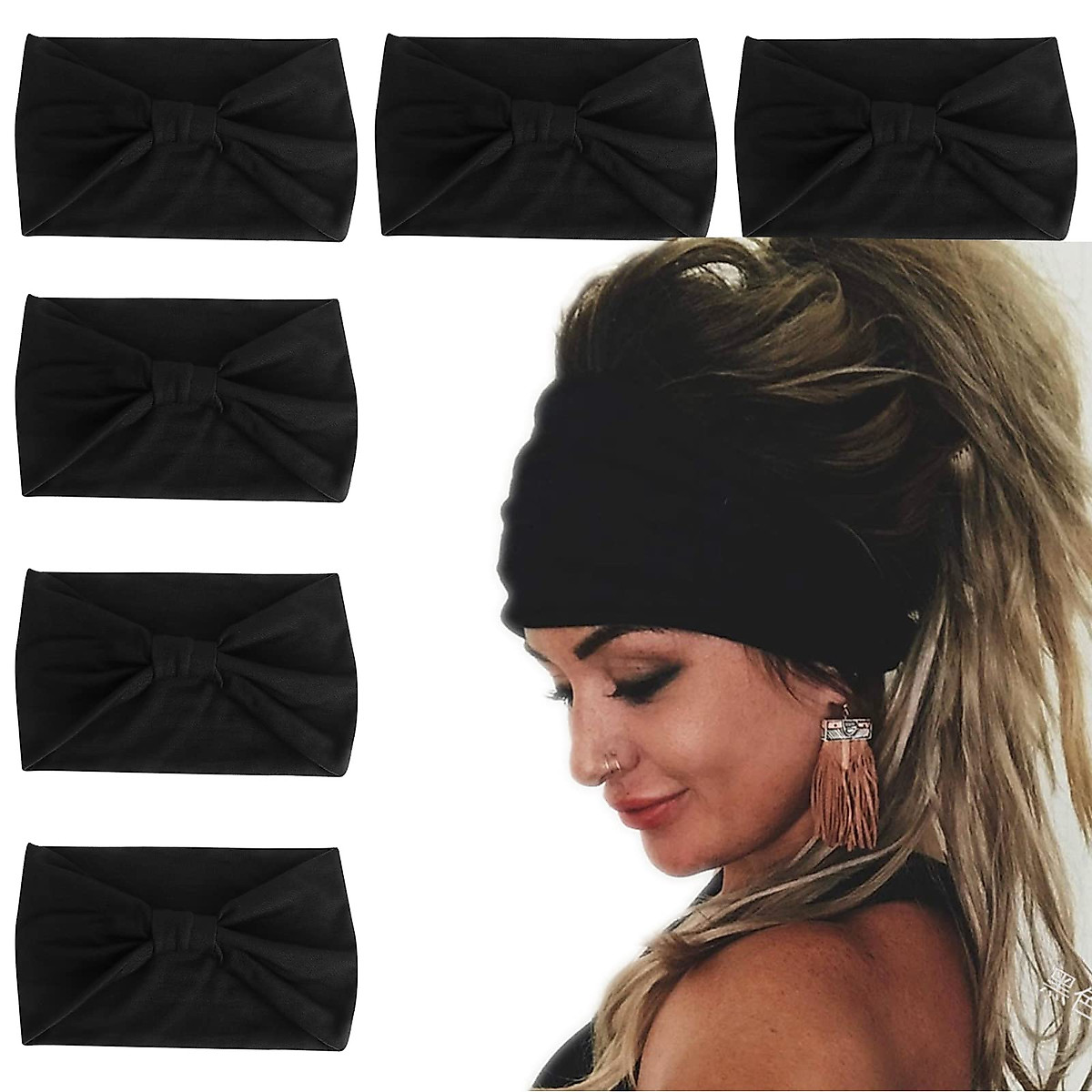 Wecoe 6 Pack Wide Headbands for Women - Knotted Elastic Hair Wraps and Bands for Wigs, Running, Yoga, Fashion Accessories for Women and Girls