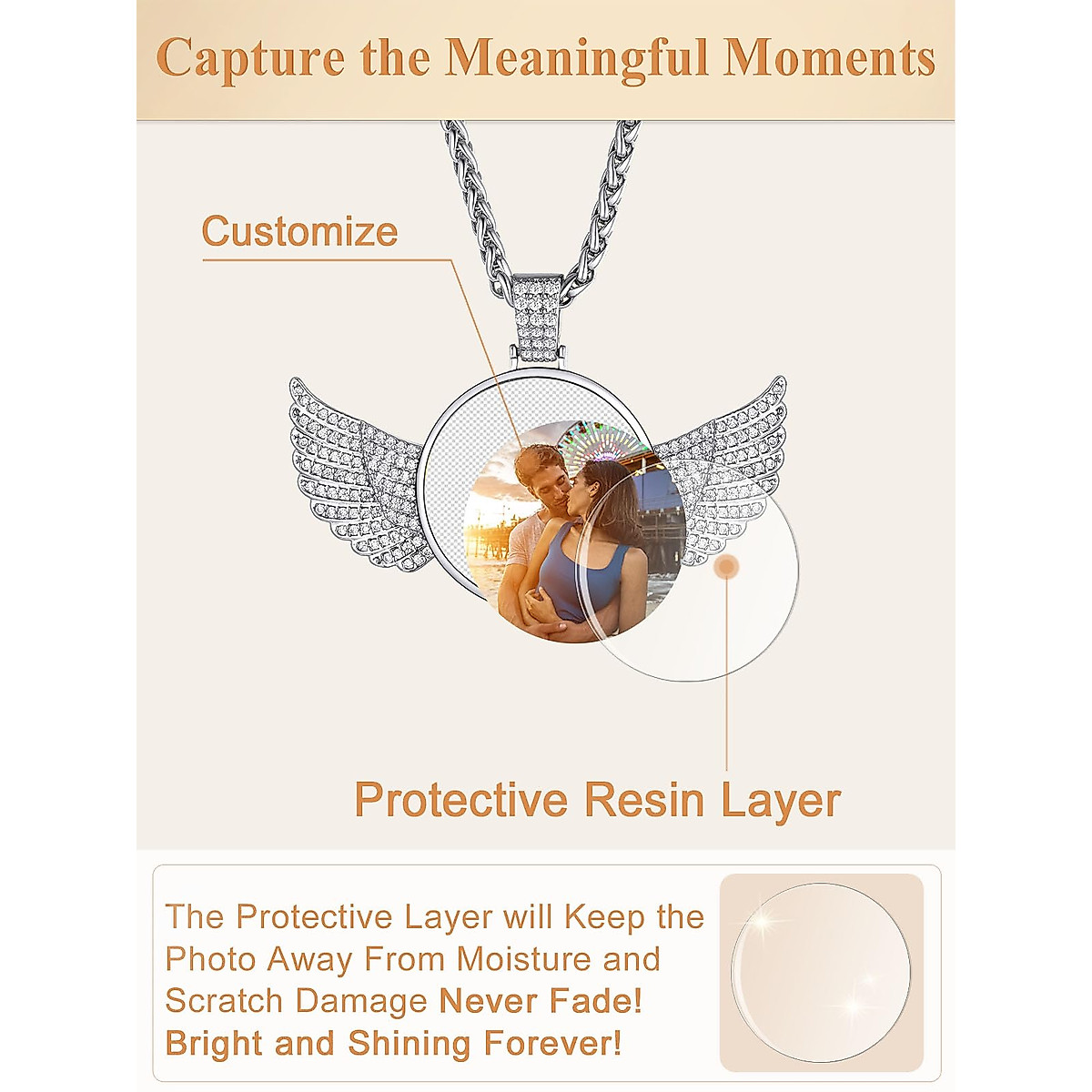 Custom4U Personalized Angel Wings Pendant Neckalce with Picture Inside Custom Photo Necklace Memorial Photo Medallion Chain Hip Hop Jewelry for Men