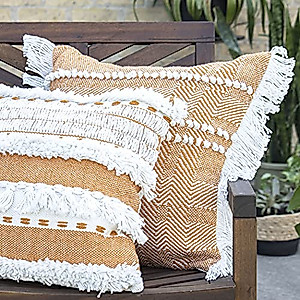 Foreside Home & Garden Orange Striped Woven 20x20 Outdoor Decorative Throw Pillow with Hand Tied Fringe, 20 x 20 x 5, Brown