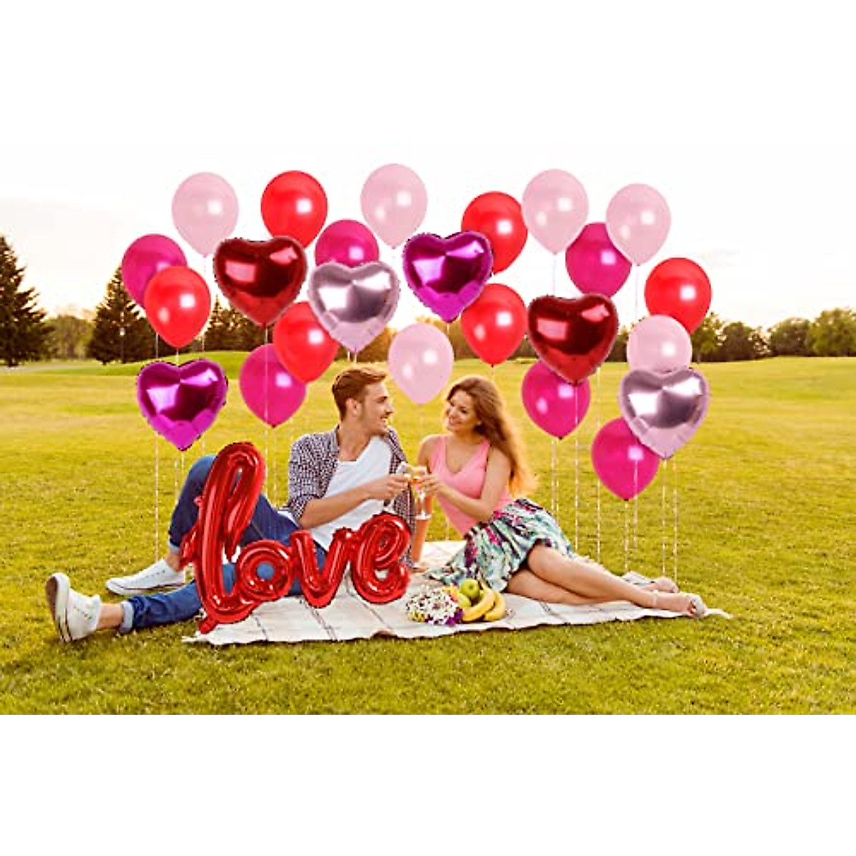 Treasures Gifted - LOVE Valentine’s Day Balloons - Red Letters w/ Red, Magenta & Blush Pink Metallic & Heart Shaped Balloons - Valentine’s Day Decor Kit w/ Pink Ribbon & Temporary Adhesive Dots
