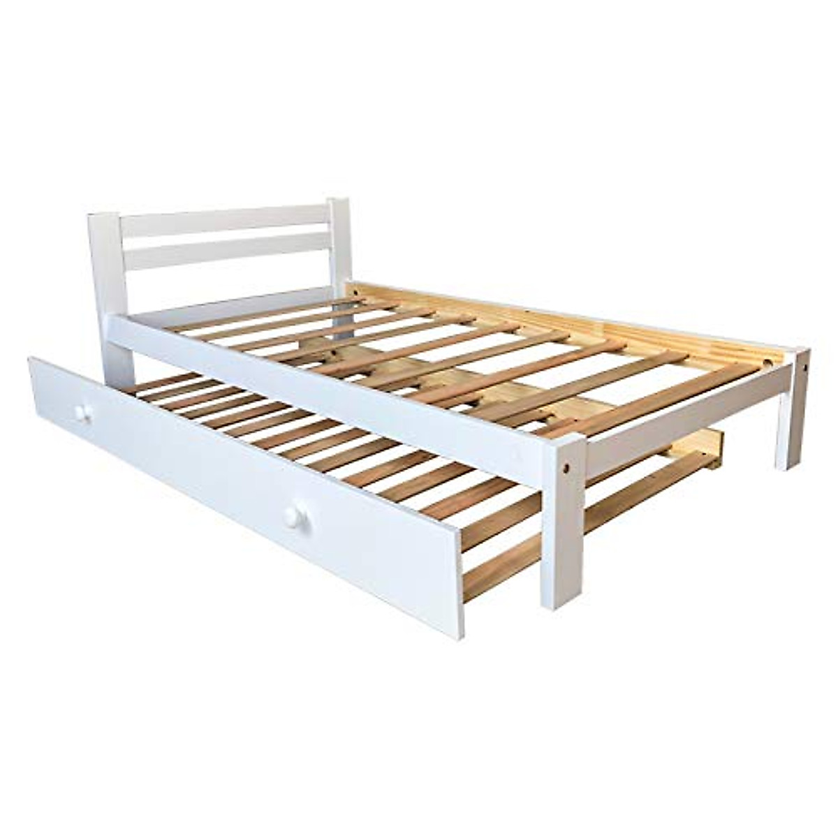 Amazonas White Twin Bed with Trundle Wooden Trundle Bed Twin Size Solid Pine Wood and Hardwood Slats Support Kids Bed Boy Girl Wooden Bedroom Furniture