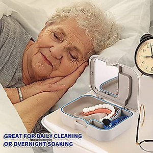 Annhua Denture Cup Bath Box Case with Mirror and Cleaning Brush, Dental Case with Brush Retainer Cleaning Case Mouth Guard Storage Soaking Cup Holder for Travel, Office, Household Use