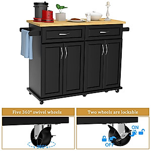 HUEOFGP Kitchen Island Cart with Storage Kitchen Carts on Wheels with Drawer and Cabinet, Wood Countertop, Rolling Island Table for Kitchen (Black)