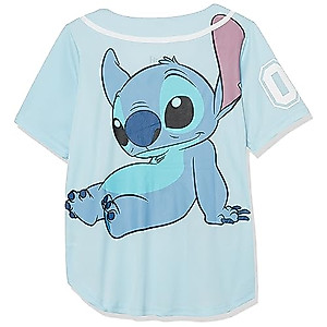 Disney Little Girls Lilo & Stitch and Angel Baseball Jersey-Classic Mesh Button Down Shirt, Light Blue/White