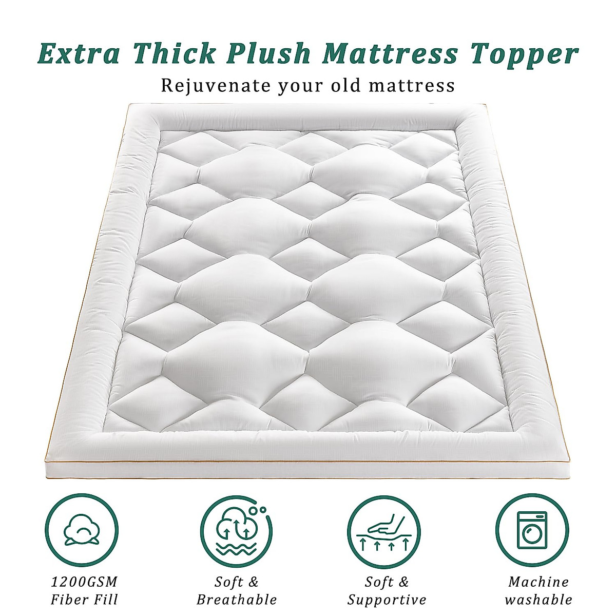 FLEXPEDIC Mattress Topper Queen,Extra Soft Pillow Top Mattress Topper for Firm Bed,Cooling Cloud-Like 1200GSM Down Alternative Filled,4 Anchor Elastic Bands,60 * 80 Inches,White