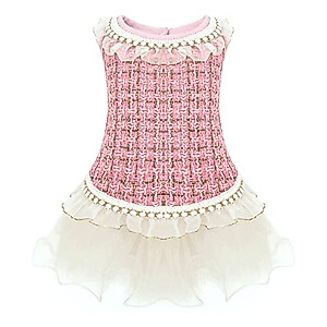 Dog Plaid Dress Lace Tulle Tutu Princess Skirt with Pearls Accessory for Small Girl Dogs Christmas Holiday Wedding Birthday Party (Pink, S)