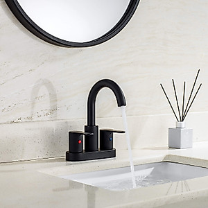 TimeArrow Matte Black Two Handle Centerset Bathroom Sink Faucet with Pop up Drain, High Arc Modern 4 Inch Bathroom Vanity Lavatory Faucet 3 Holes with Brass 360° Swivel Spout, TAF067E-MB