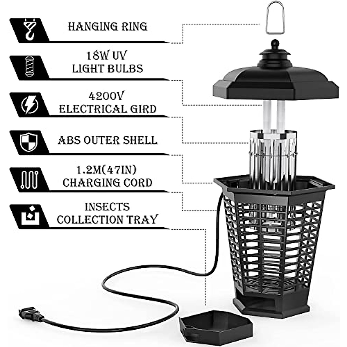 JCHOPE Outdoor, Powerful Mosquito Zapper for Mosquitoes Fruit Flies Moths, High Efficient Mosquito Trap, Electric Bug Zapper Fly Trap for Indoor and Outdoor(Black)