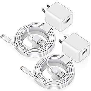 iPhone Charger 10ft, [Apple MFi Certified] Long Lightning Cable Data Sync Charging Cords with USB Wall Charger Travel Plug Adapter for iPhone 13 12 11 Pro Max/SE 2020/X/XR/8/7/6/iPad and More(2Pack)
