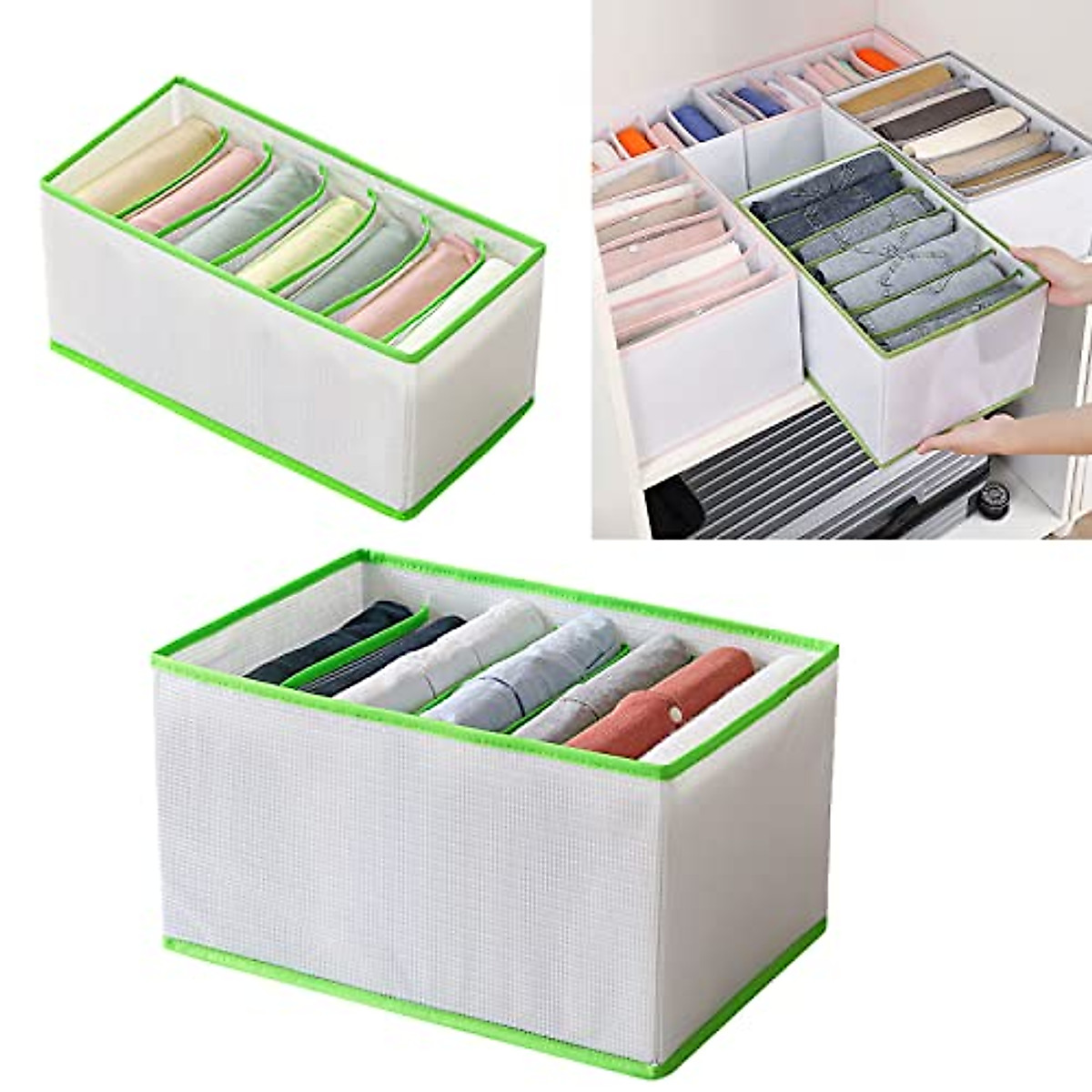 EIIXMSO Wardrobe Clothes Organizer and Storage with Support Board - 2 Pcs of 7 Grids , Large Foldable Closet Drawer Storage Boxes for Jeans T-shirt Pants Legging (Green)