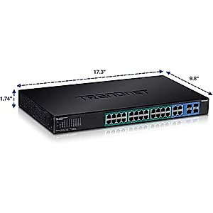 TRENDnet 28-Port Web Smart PoE+ Switch, 24 x Gigabit PoE+ Ports, 4 x Shared Gigabit Ports (RJ-45 or SFP), VLAN, QoS, LACP, IPv6 Support, 370W PoE Power Budget, Lifetime Protection, TPE-5028WS