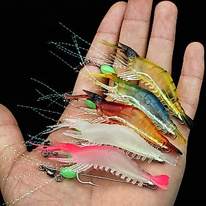 OriGlam 5pcs Soft Luminous Shrimp Lure Set, 5 Colors Shrimp Bait Shrimp Lures Fishing Bait with Hooks Beads Fishing Tackles for Freshwater Saltwater Bass Trout Catfish Salmon