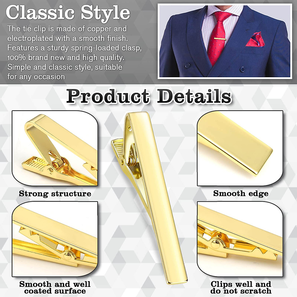 Tie Clips for Men, 5 Pack Tie Bar Set for Regular Ties, Classic Tie Clasps with Exquisite Box, Gift Ideas for Your Father, Husband, Boyfriend on Fathers Day, Birthday, Wedding, Party, Graduation