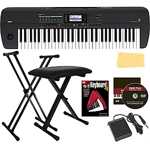 Korg i3 Music Workstation - Matte Black Bundle with Adjustable Stand, Bench, Sustain Pedal, Instructional Book, Austin Bazaar Instructional DVD, and Polishing Cloth