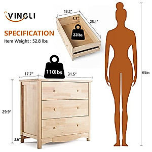 VINGLI Upgraged Unfinished 3 Drawer Dresser for Bedroom Natural Solid Wood Dresser Color DIY, Farmhouse Dresser with Spacious Storage Chests of Drawers with Full Extension Drawer Slides, Rustic Style