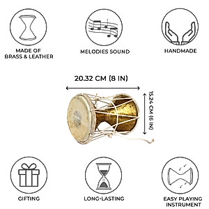 De Kulture Handheld Brass Damroo (Medium) Traditional Indian Folk Musical Percussion Instruments, Handmade Drum Damru, 6x8 (DH) Inches