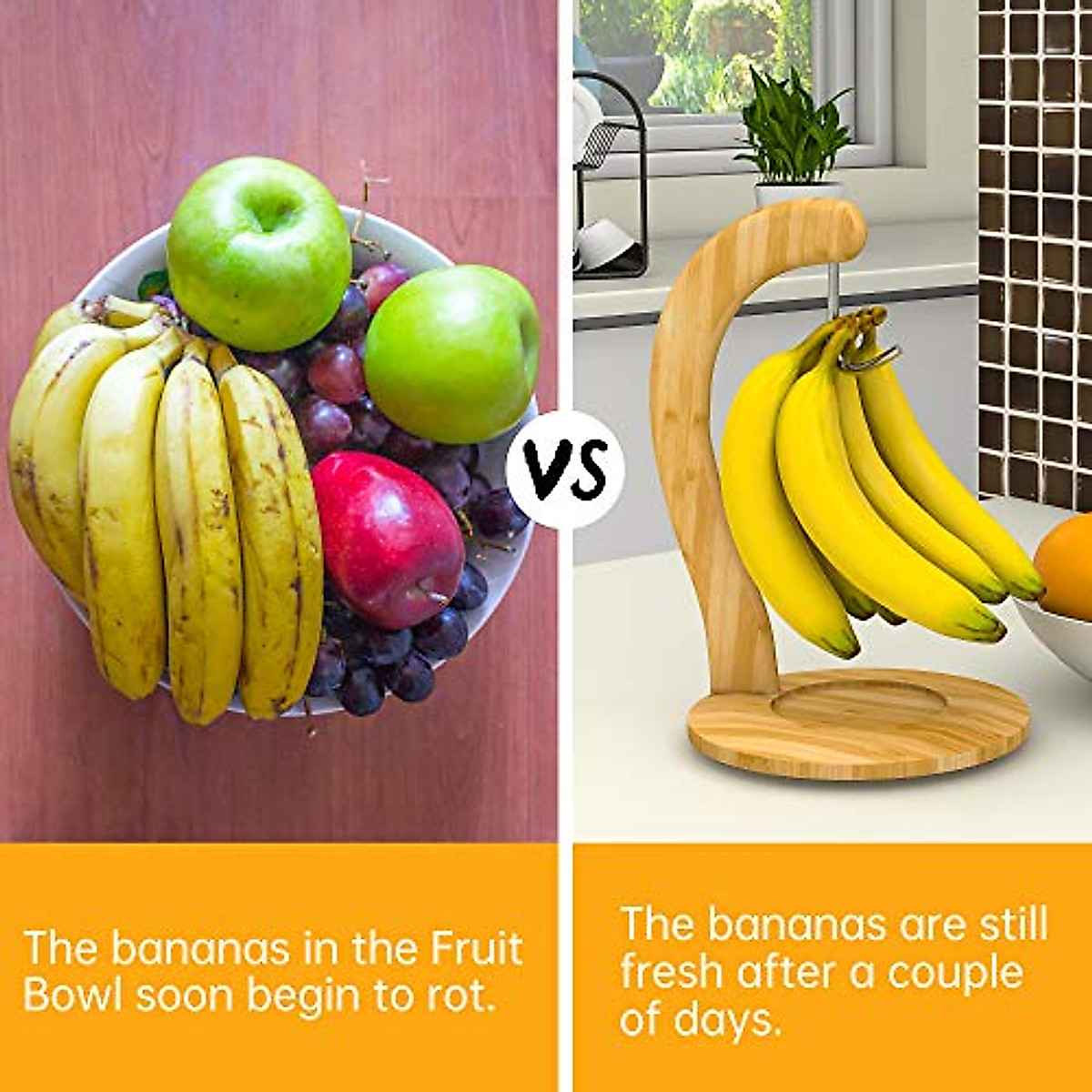 Banana Hanger Bamboo Holder Stand - Sturdy Display with Hook for Home or Bar, Countertop Fruit Storage,Natural Color
